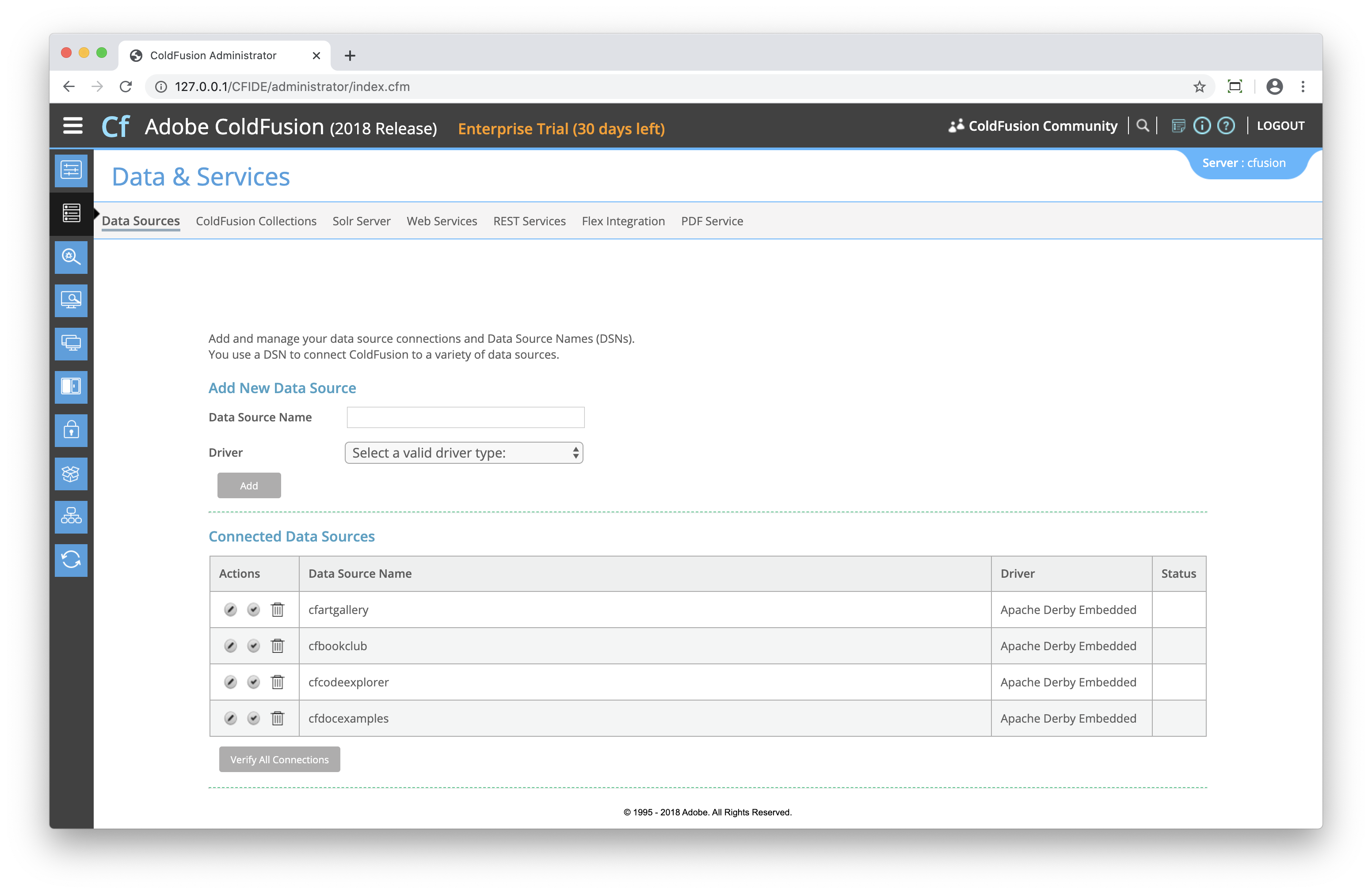 CF Administrator Data Sources page - ColdFusion